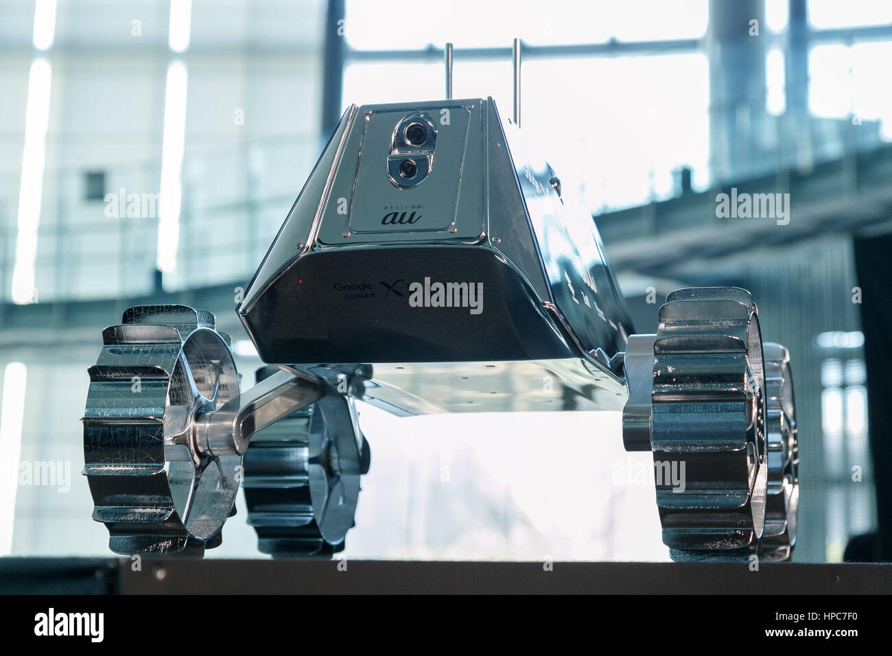 Tokyo, Japan. 21st Feb, 2017. The lunar robot SORATO on display during ...