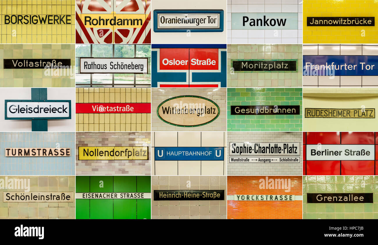 The collage shows the different station names of twenty-five metro ...