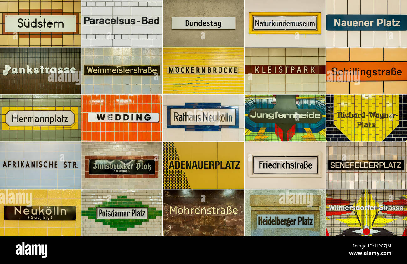 The collage shows the different station names of twenty-five metro ...