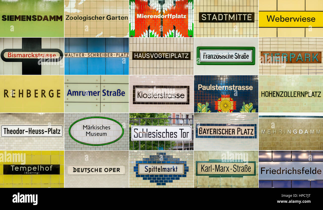 The collage shows the different station names of twenty-five metro ...