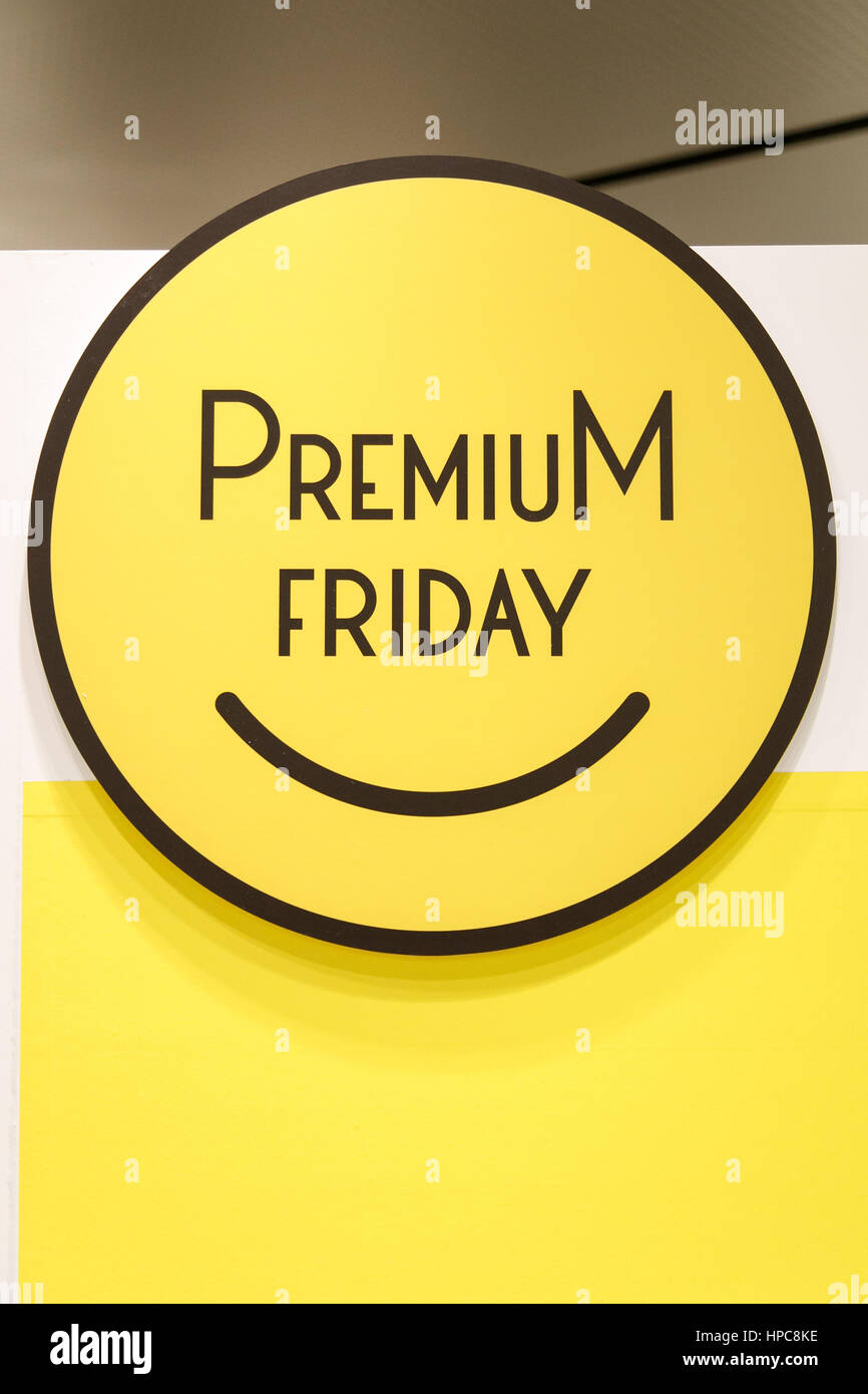 A Premium Friday logo on display in Tokyo Station on February 21, 2017 ...