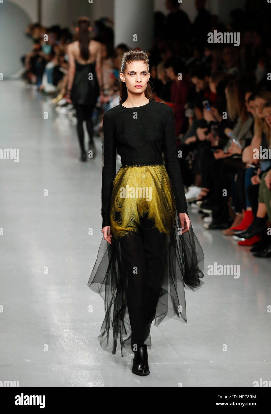 London, UK. 21st Feb, 2017. A model presents a creation at the EMILIO ...
