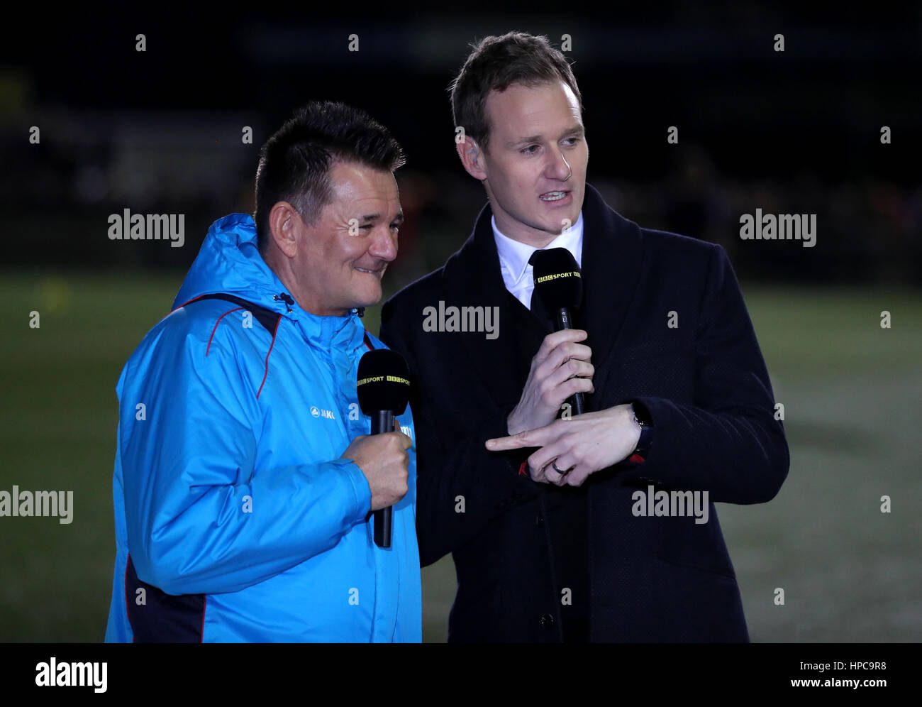 Sutton manager Paul Doswell speaks to BBC presenter Dan Walker during ...