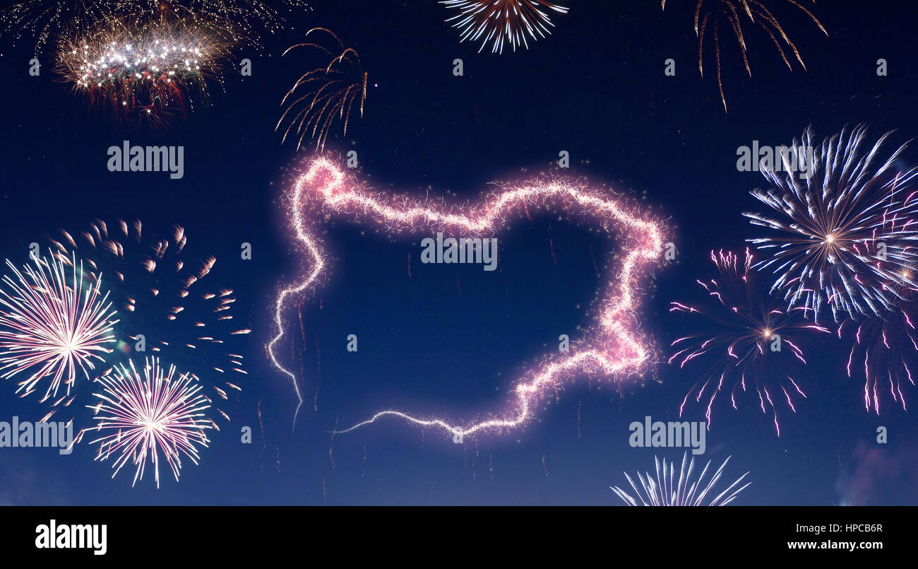 A dark night sky with a sparkling red firecracker in the shape of ...