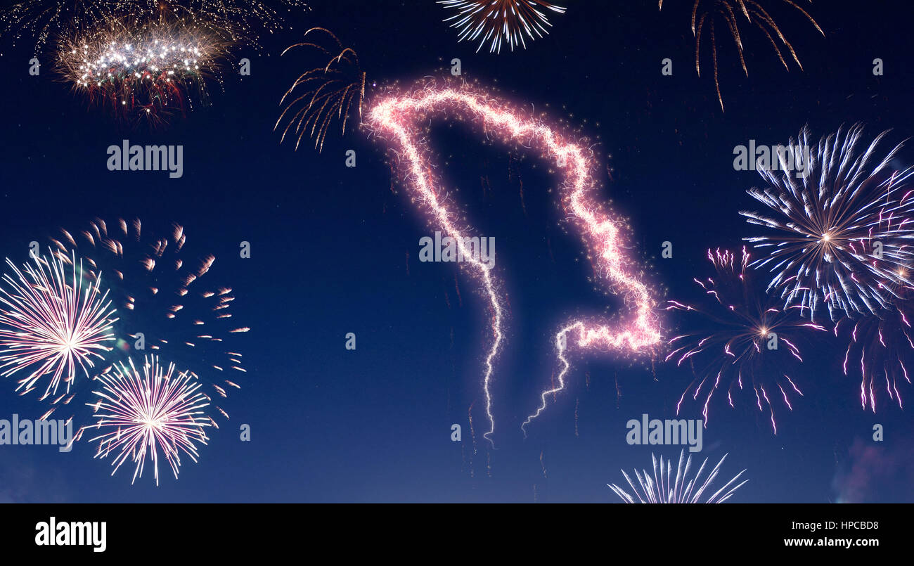 A dark night sky with a sparkling red firecracker in the shape of ...