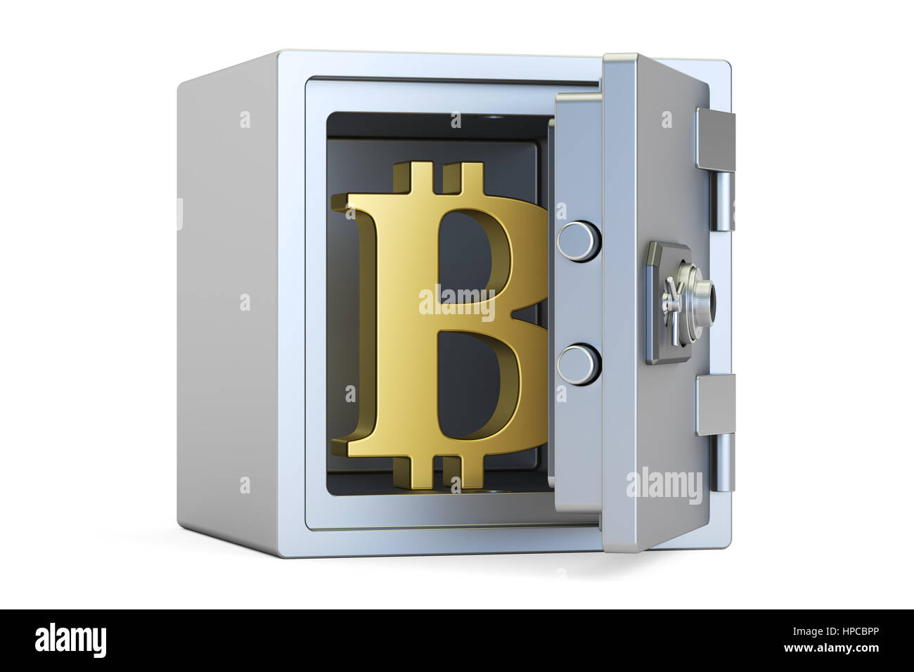 combination safe box with symbol of bitcoin, 3D rendering isolated on ...