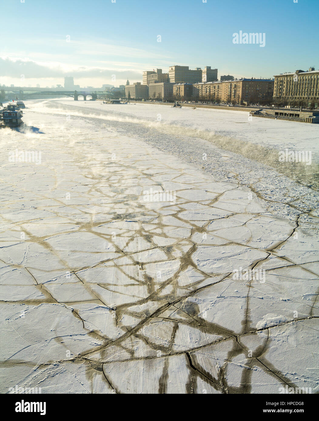 Panorama of the frozen, covered with ice floes Moscow River and Frunze ...
