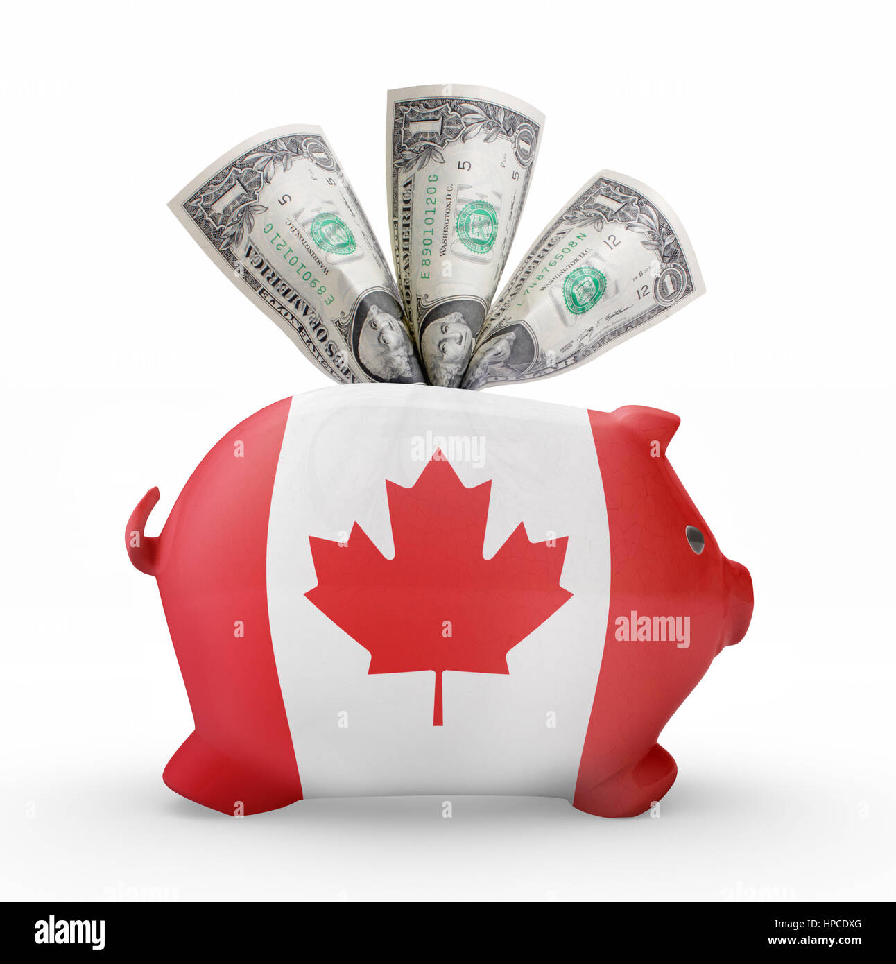 Side view of a piggy bank with the flag design of Canada.(series Stock ...