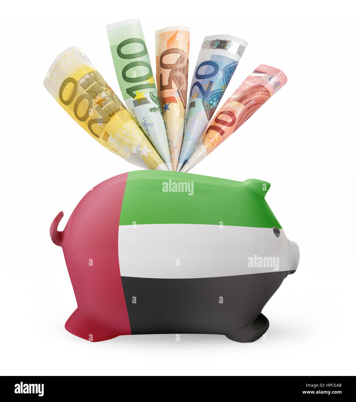 Side view of a piggy bank with the flag design of United Arab Emirates ...