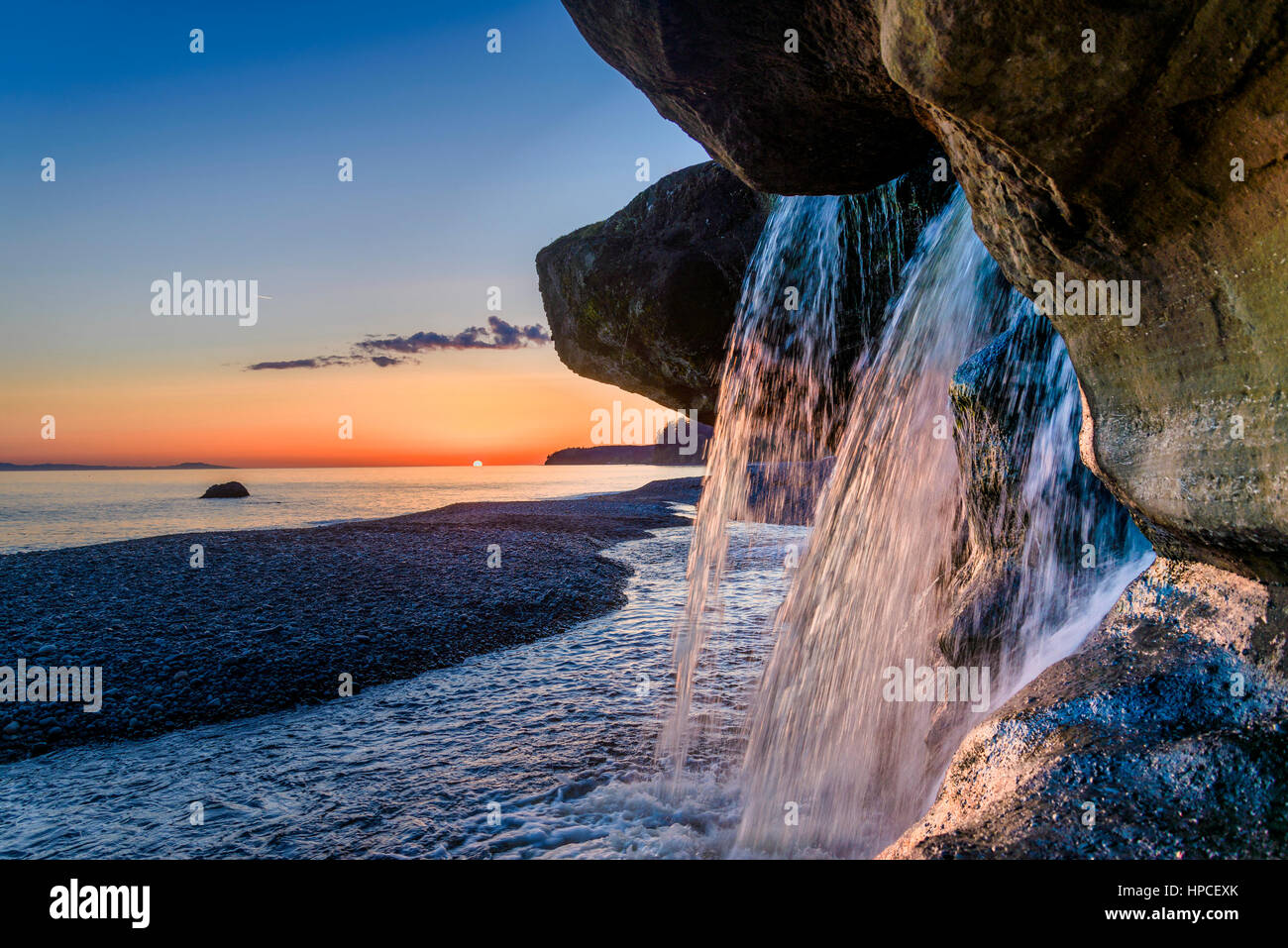 Sandcut Falls at sunset, Sandcut Beach, Vancouver Island, British ...