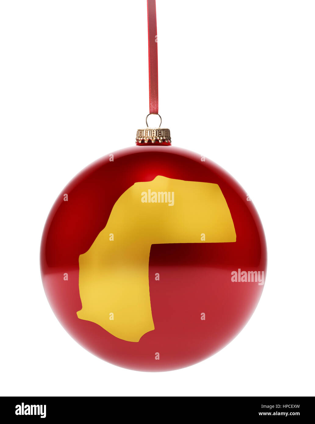 A hanging glossy red bauble with the golden shape of Western Sahara ...