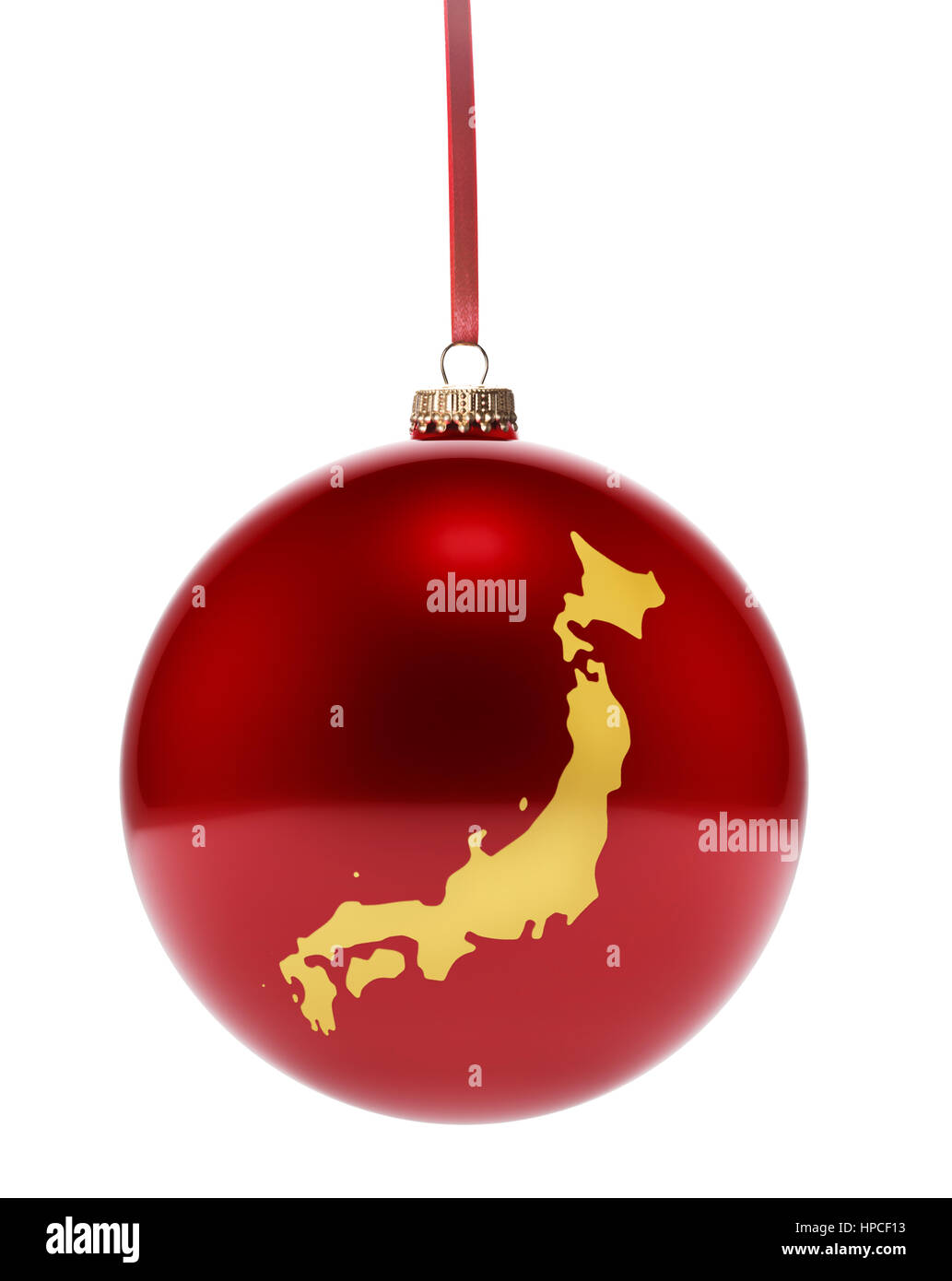 A hanging glossy red bauble with the golden shape of Japan.(series ...