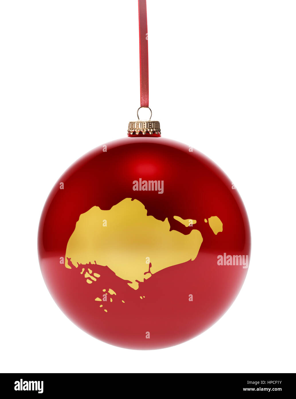 A hanging glossy red bauble with the golden shape of Singapore.(series ...