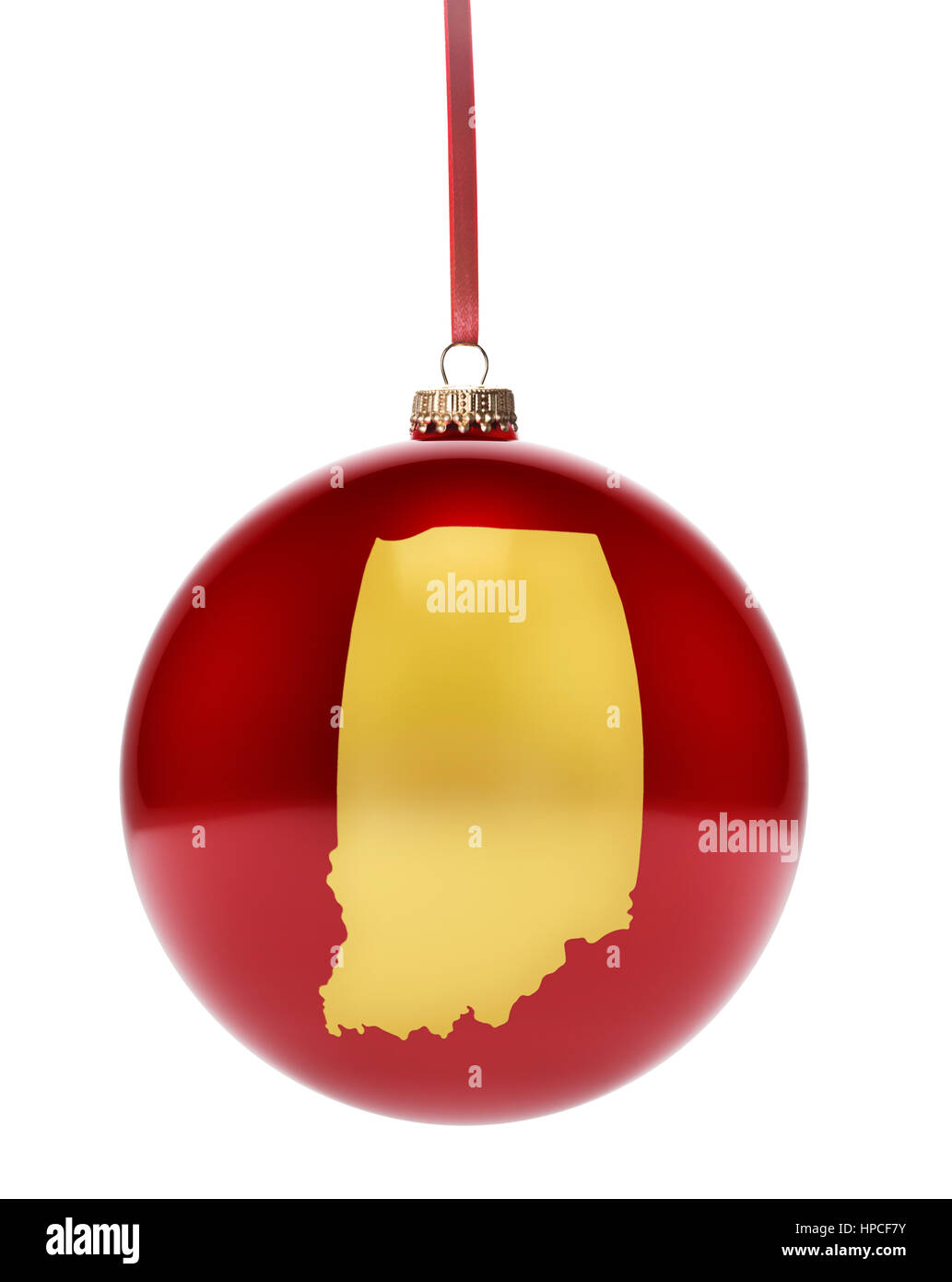 A hanging glossy red bauble with the golden shape of Indiana.(series ...