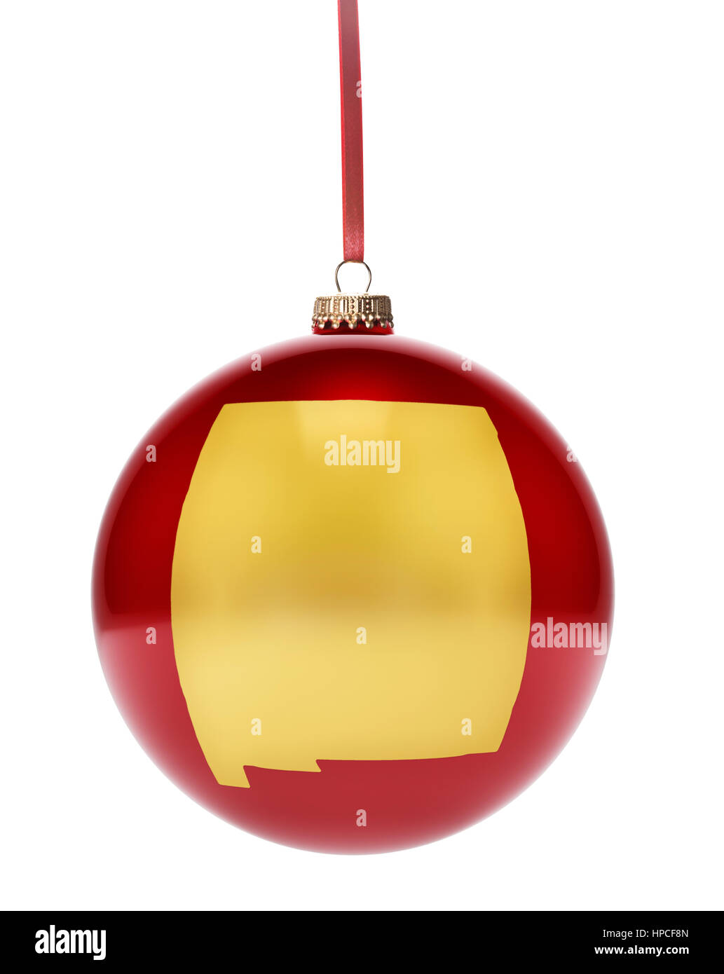 A hanging glossy red bauble with the golden shape of New Mexico.(series ...