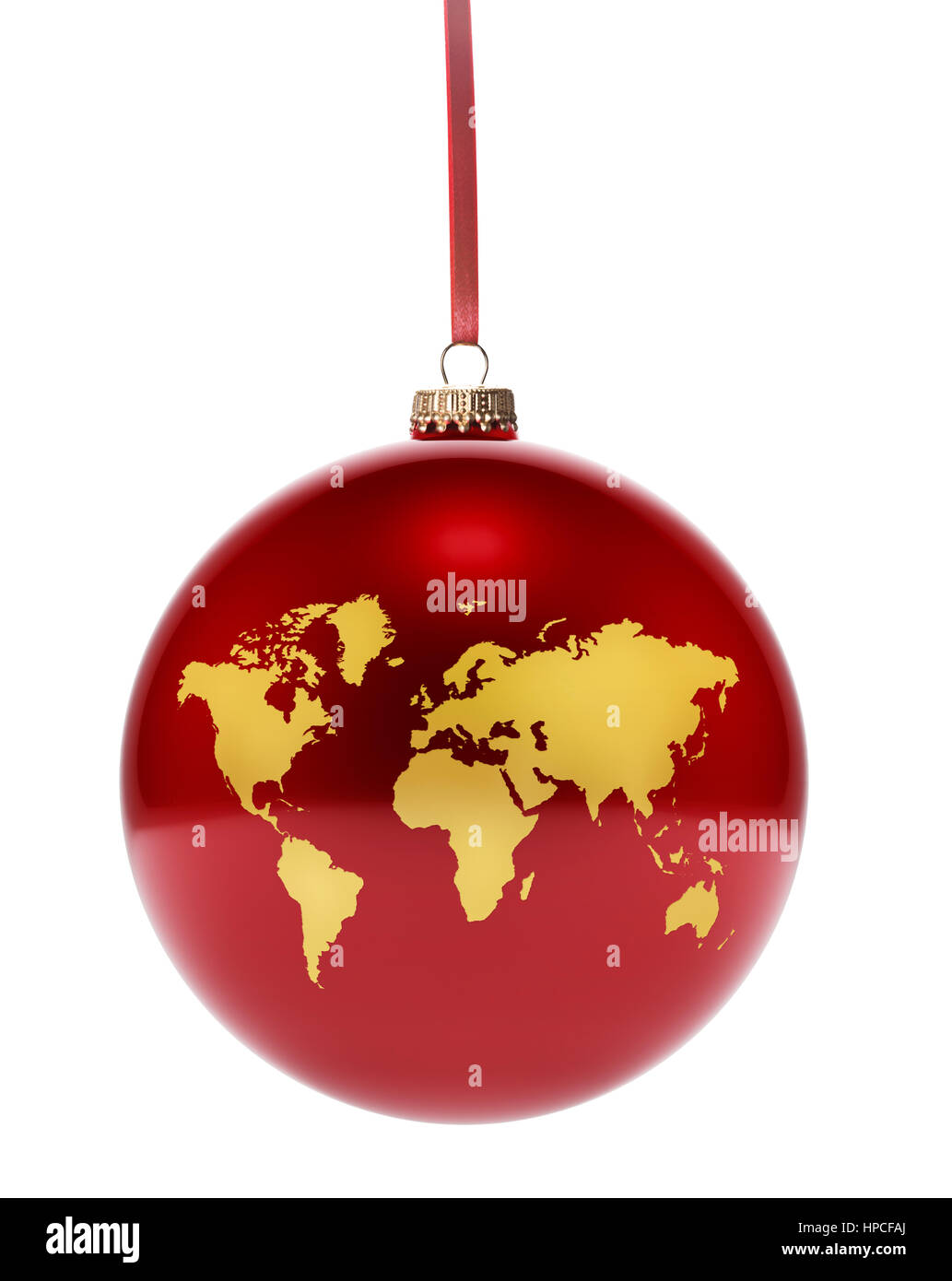 A hanging glossy red bauble with the golden shape of the world.(series ...