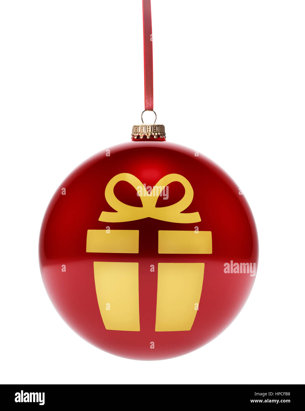 A hanging glossy red bauble with the golden shape of a gift.(3D ...