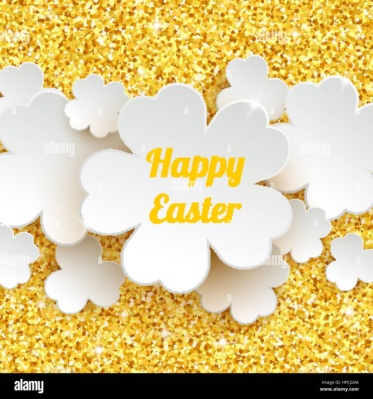 Happy Easter greeting card, holiday glitter dust sparkle gold ...