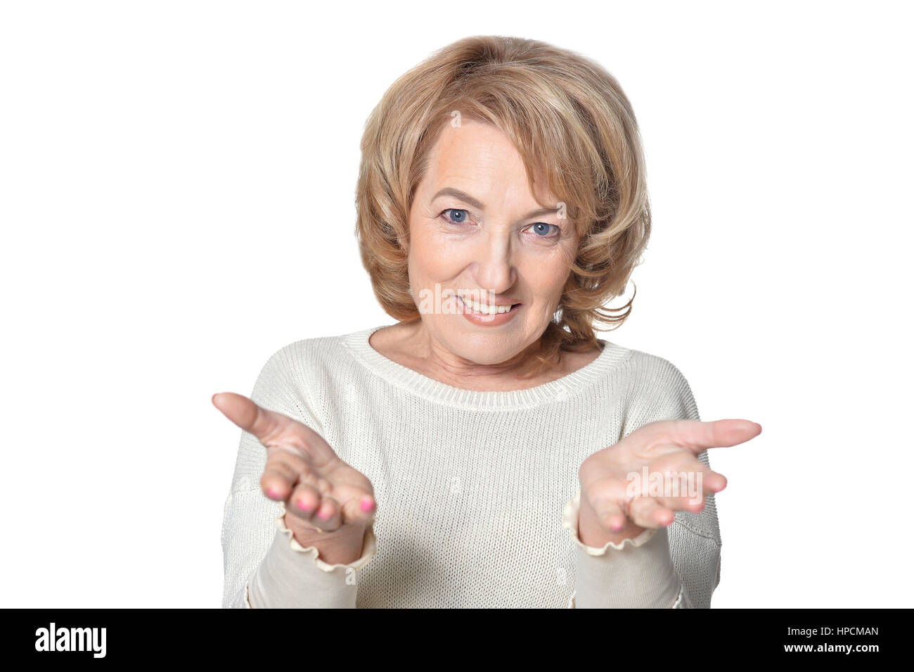 Senior woman with outstretched hands isolate on white Stock Photo - Alamy