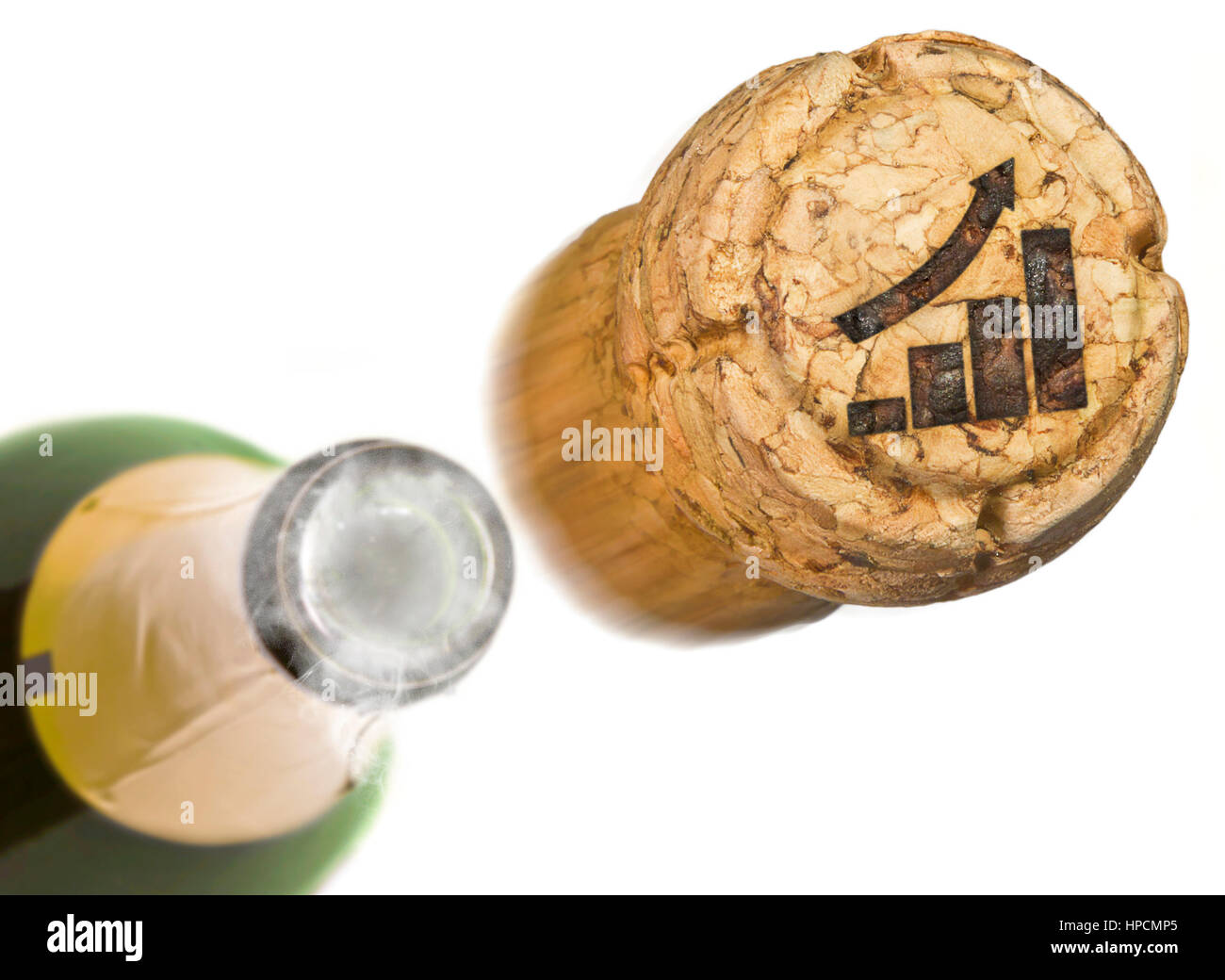 Champagne cork with the shape of a growing bar chart burnt in and ...