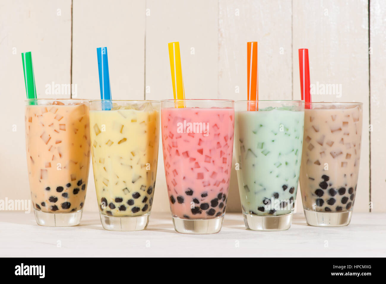 Boba / Bubble tea. Homemade Various Milk Tea with Pearls on wooden ...