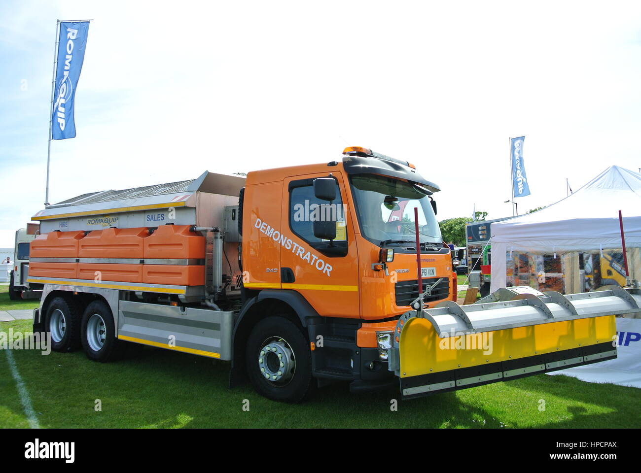 Volvo FE road grit spreader lorry parked on display Stock Photo - Alamy