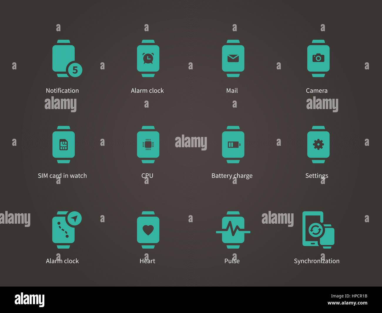 Smart watch settings, pulse, camera and SIM card icons set. Vector ...