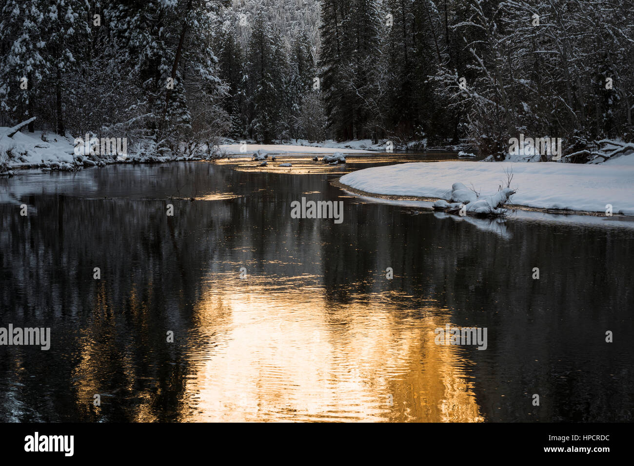 Morning light on the Merced River in winter, Yosemite National Park ...