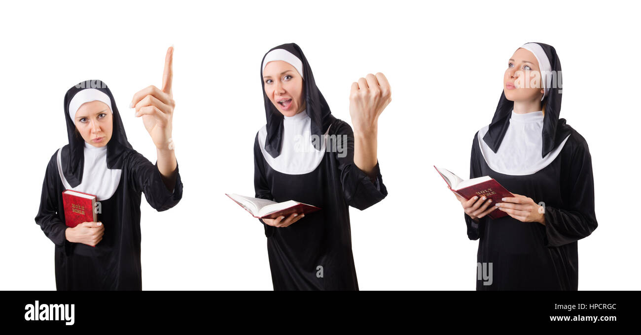 Pretty nun with Bible isolated on white Stock Photo - Alamy