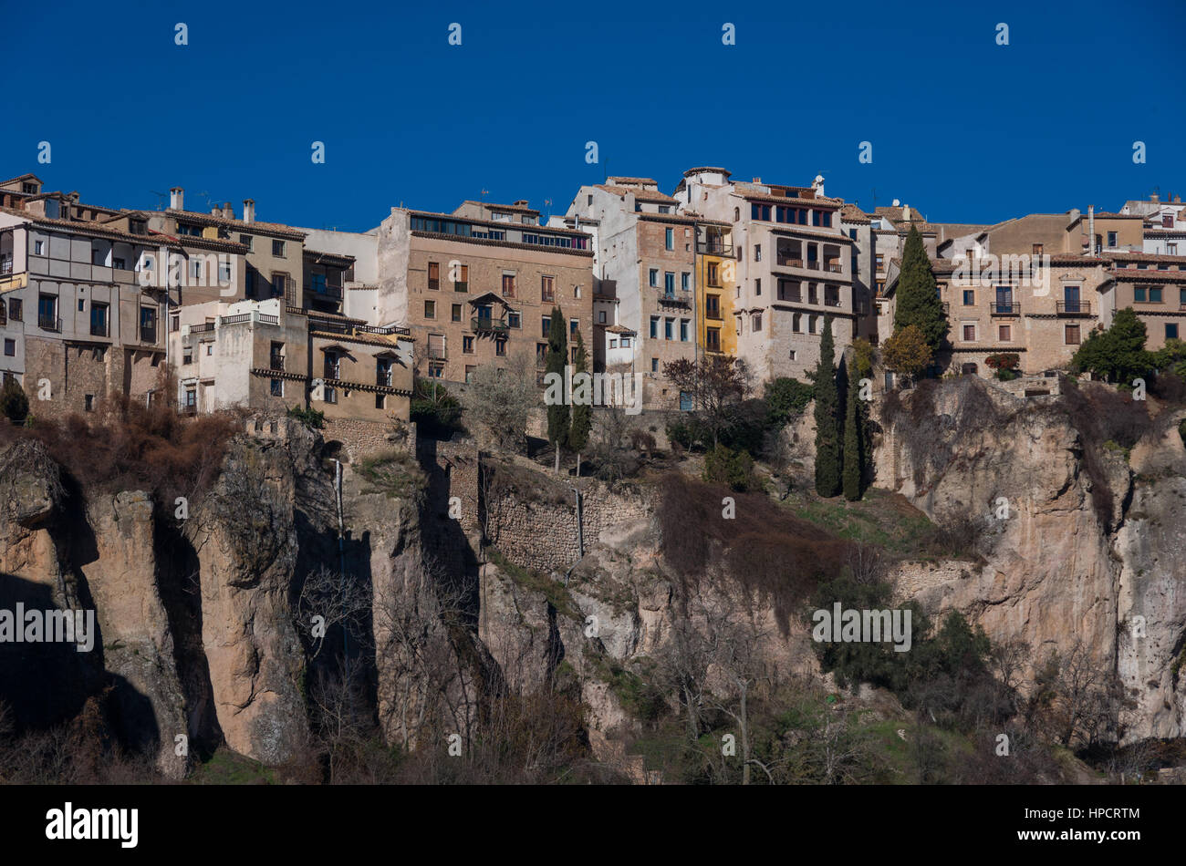 View to hanging houses of Cuenca old town. Example of a medieval city ...