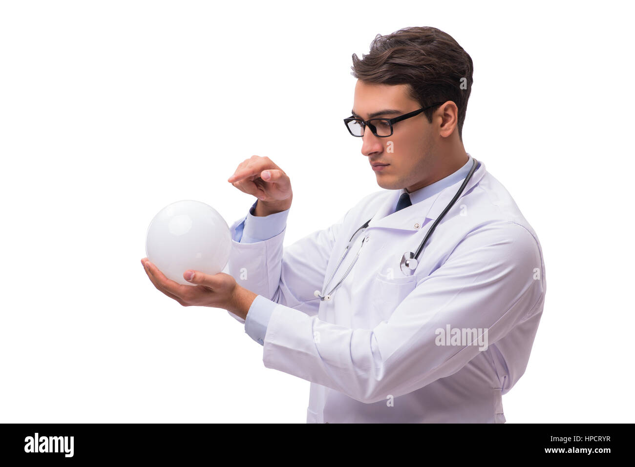 Doctor with crystal ball isolated on white background Stock Photo - Alamy