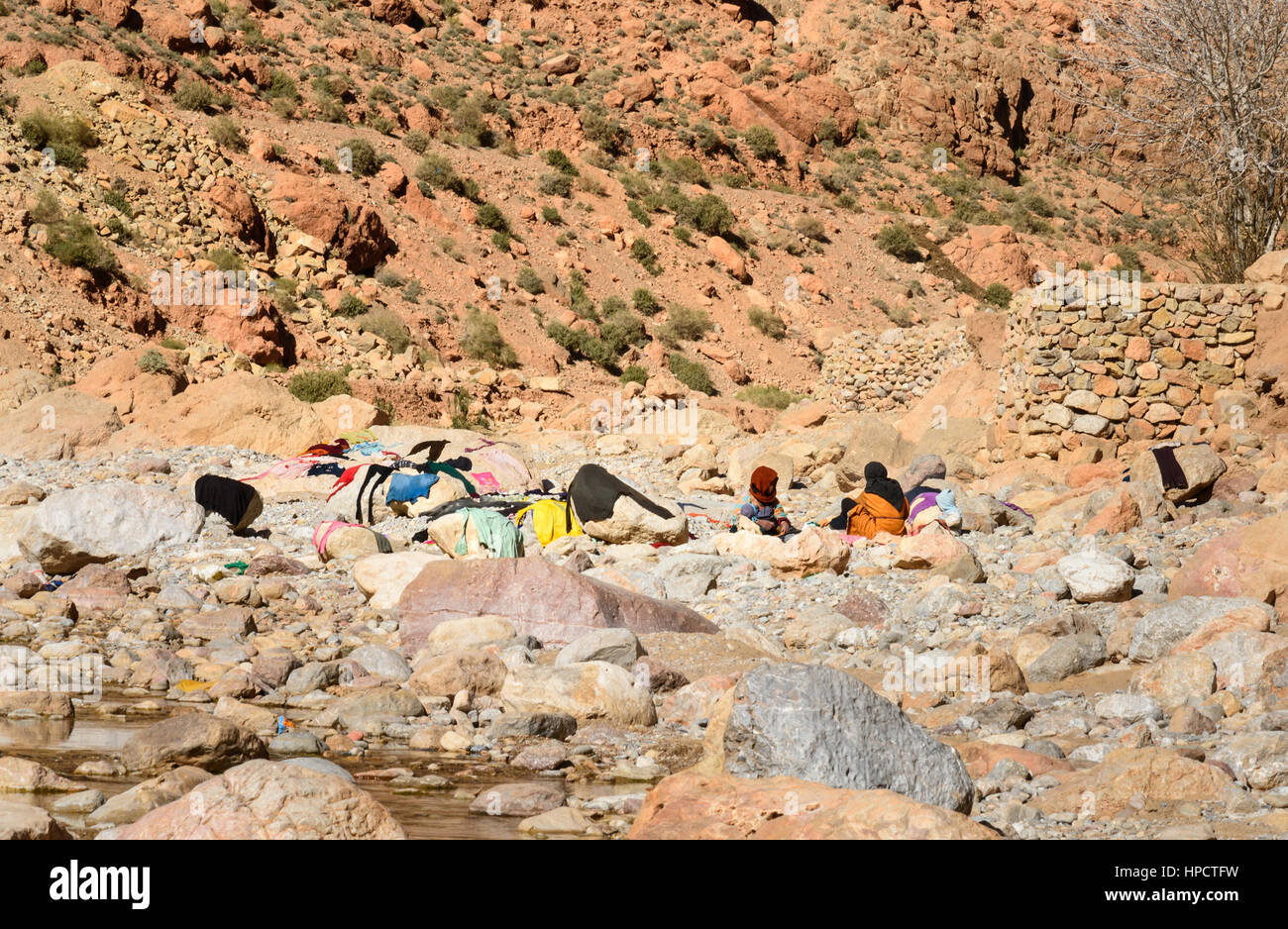 Tinghir, Morocco - Jan 05, 2017: Moroccan women washing laundry in the ...