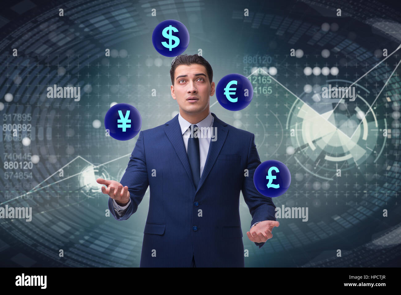Businessman juggling between various currencies Stock Photo - Alamy