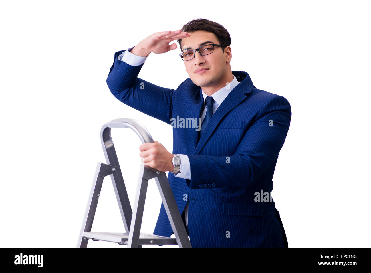 Businessman at top of ladder isolated on white background Stock Photo ...