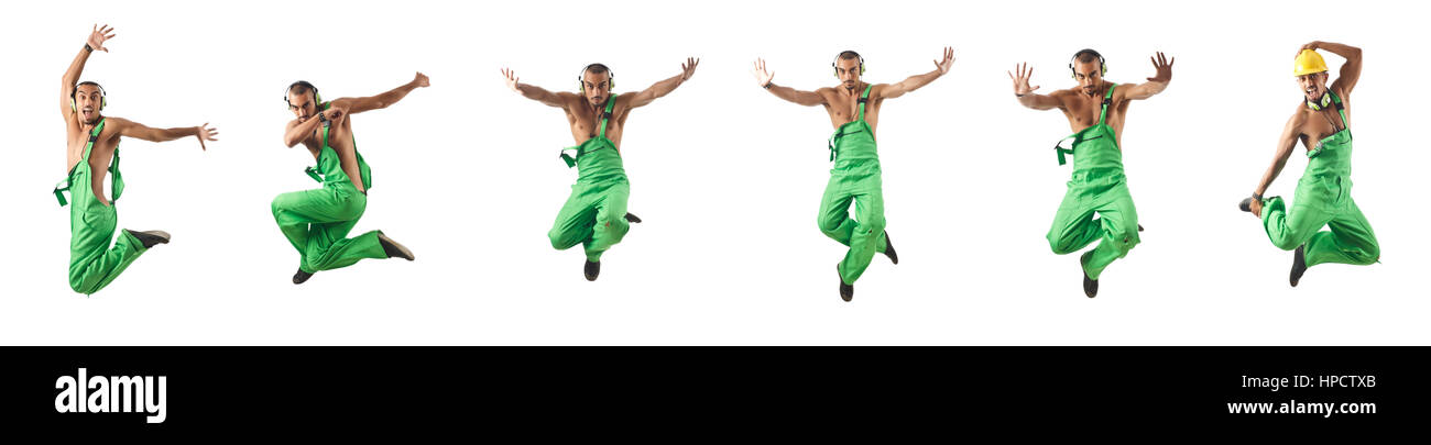 Construction worker jumping and dancing Stock Photo - Alamy