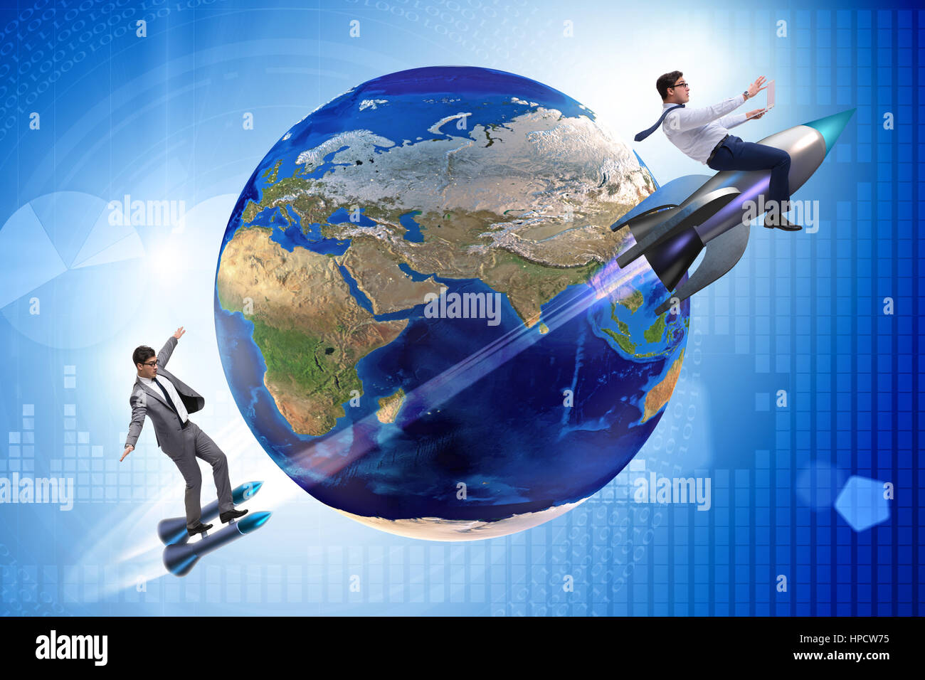Two businessmen chasing around globe Stock Photo - Alamy