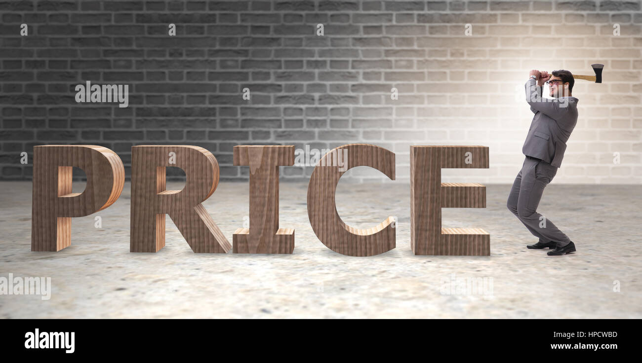 Angry man with axe axing the price word Stock Photo - Alamy