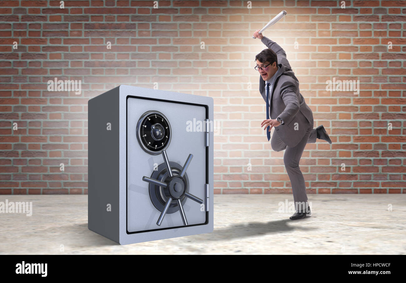 Angry man with baseball bat hitting money safe Stock Photo - Alamy
