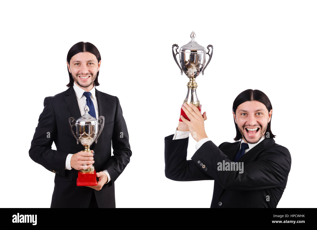Businessman awarded with prize cup isolated on white Stock Photo - Alamy