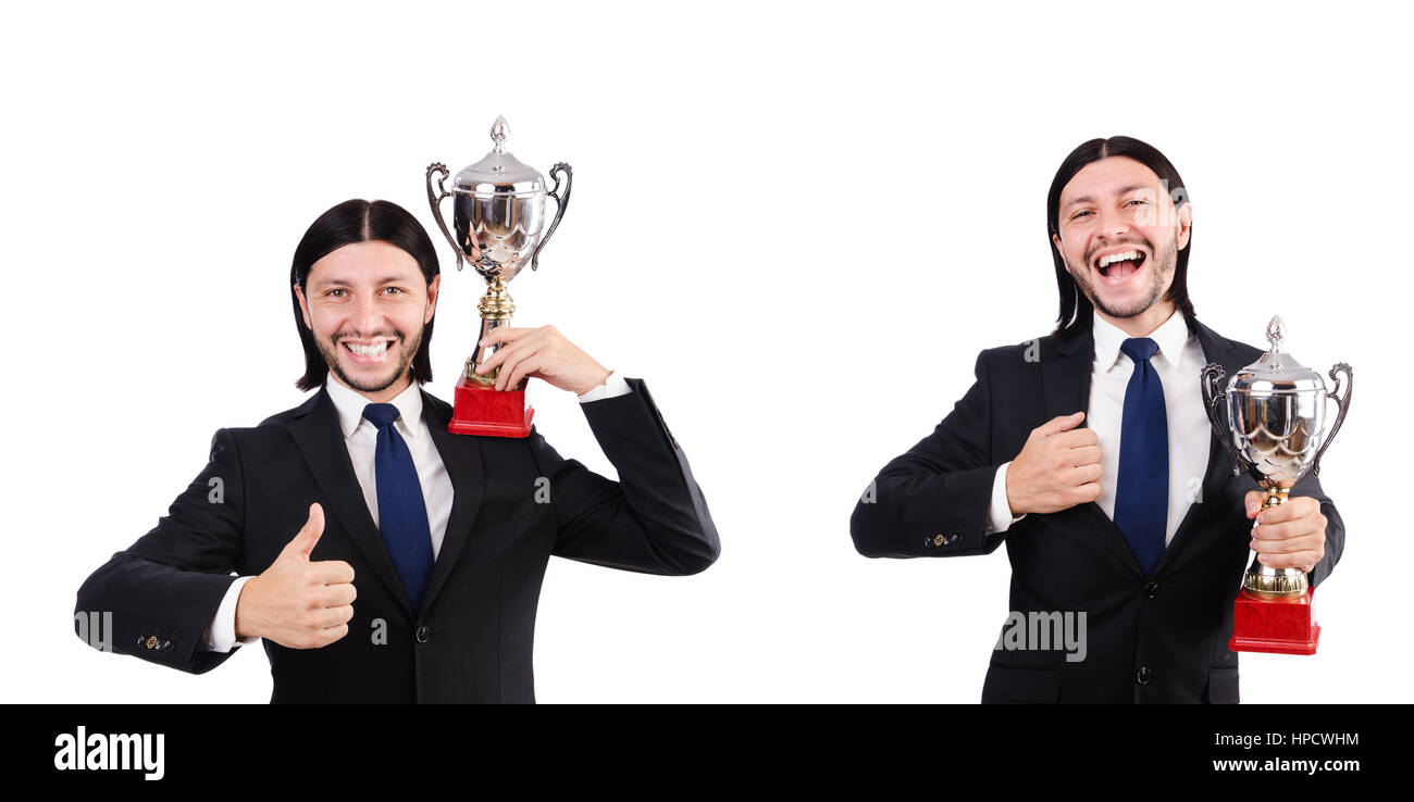 Businessman awarded with prize cup isolated on white Stock Photo - Alamy