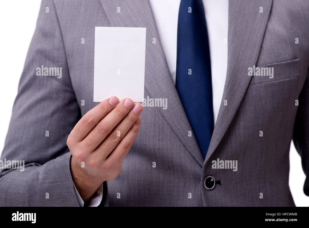 Businessman with blank card isolated on white background Stock Photo ...