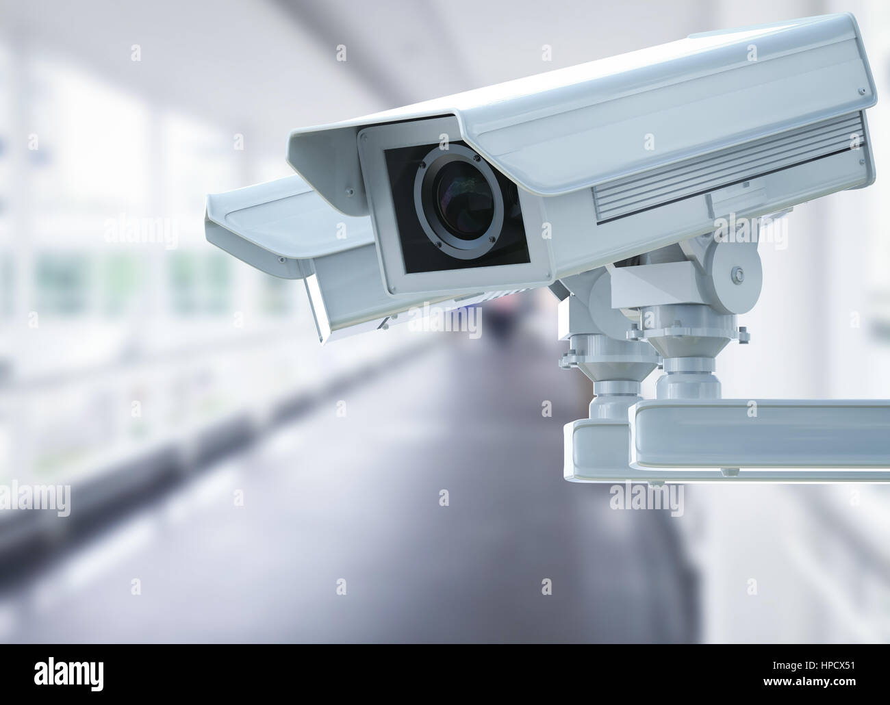 3d rendering cctv camera or security camera on corridor background ...