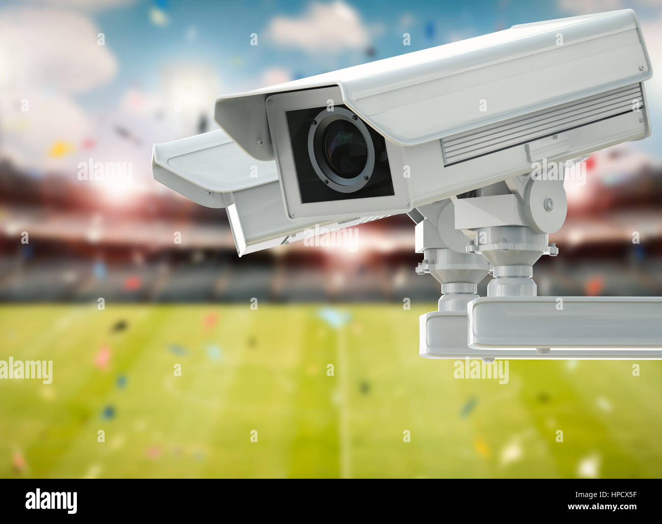 3d rendering cctv camera or security camera on stadium background Stock ...