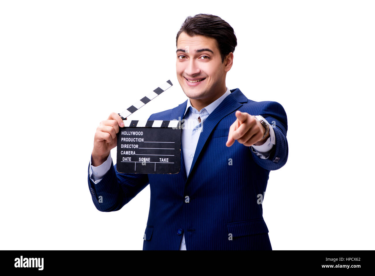Handsome man with movie clapper isolated on white Stock Photo - Alamy