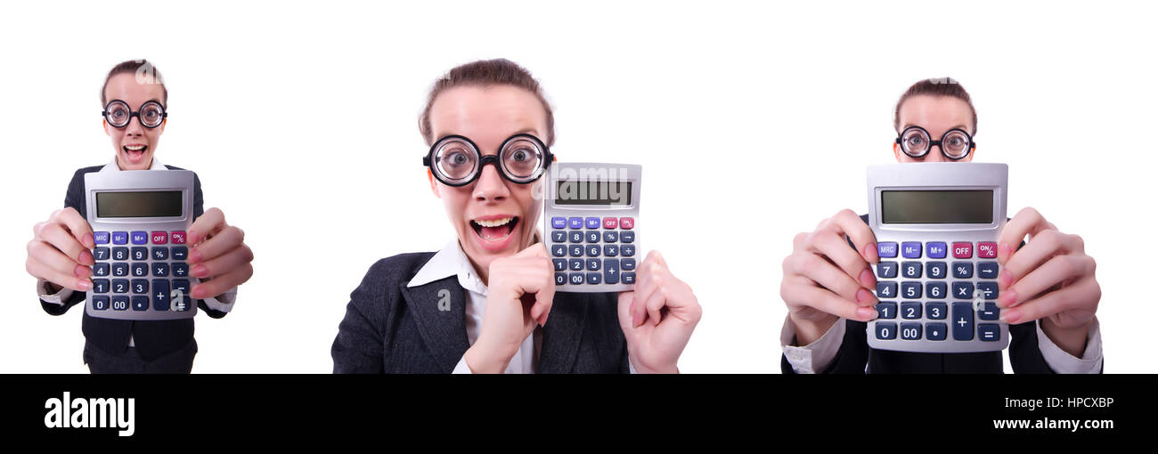 Nerd female accountant with calculator Stock Photo - Alamy