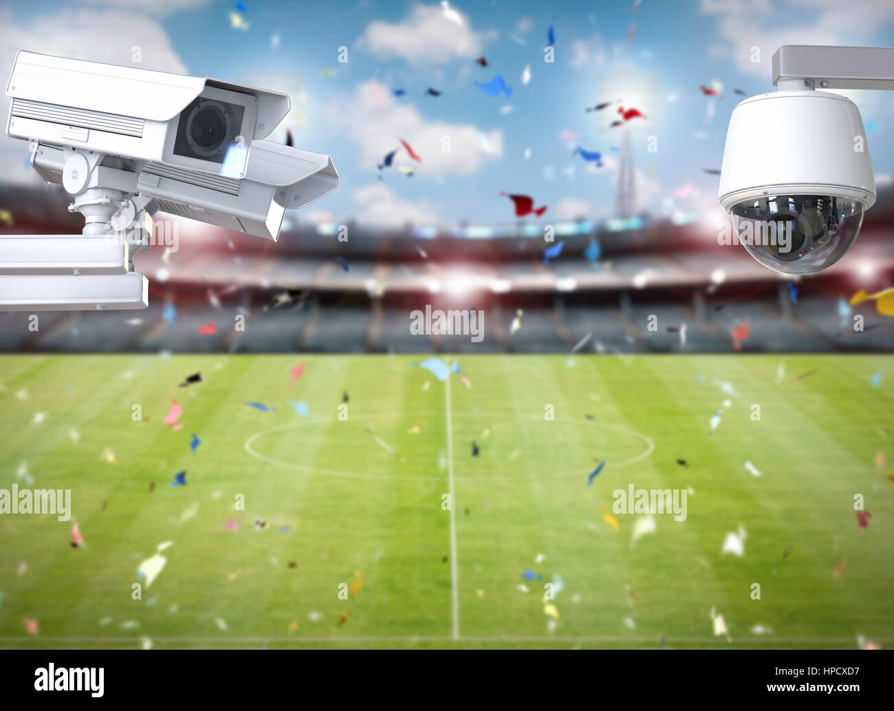 3d rendering cctv camera or security camera on stadium background Stock ...