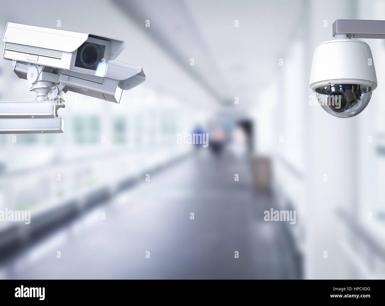 3d rendering cctv camera or security camera on corridor background ...