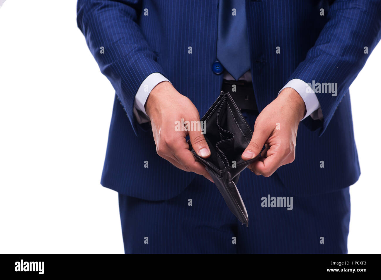 Bankrupt broke businessman with empty wallet on white background Stock ...