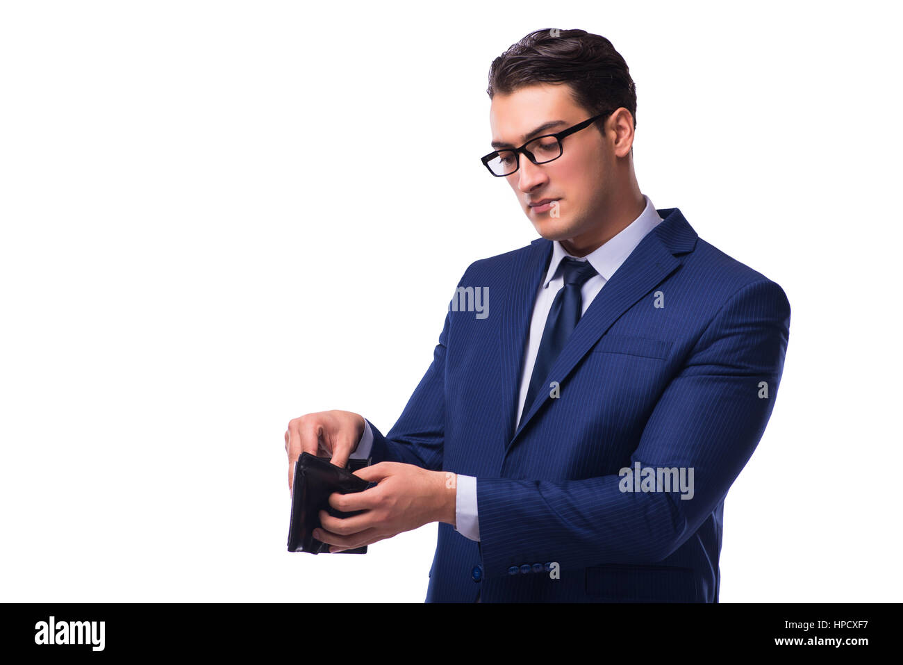 Bankrupt broke businessman with empty wallet on white background Stock ...