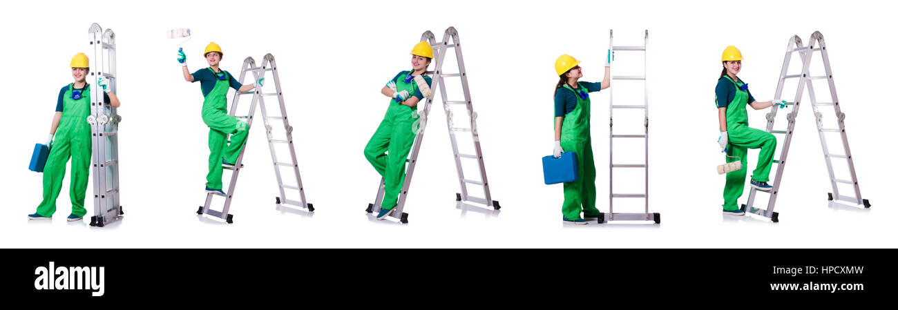 Female construction worker with toolkit and ladder Stock Photo - Alamy